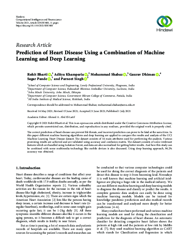 (PDF) Prediction of Heart Disease Using a Combination of Machine ...