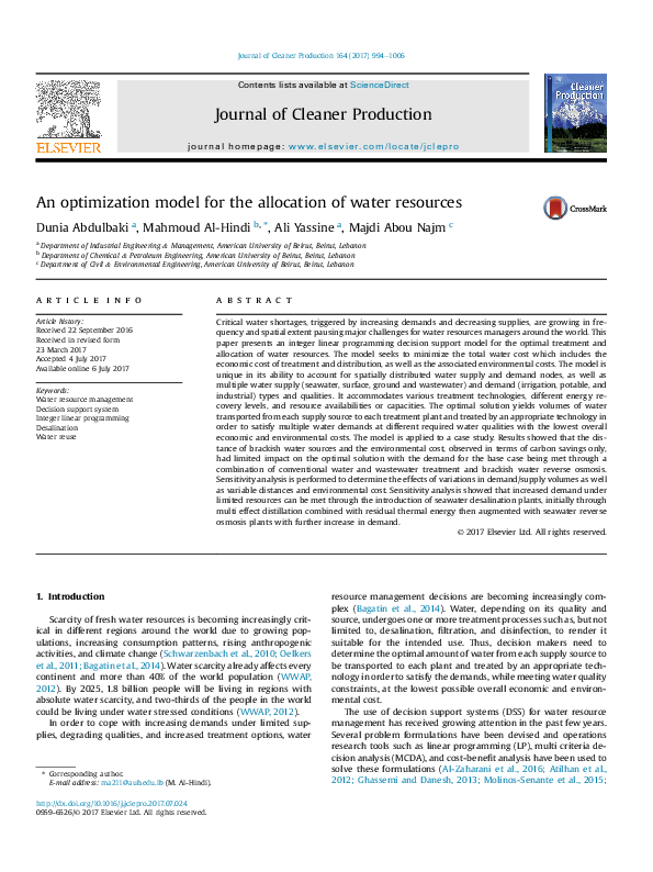 Pdf An Optimization Model For The Allocation Of Water Resources