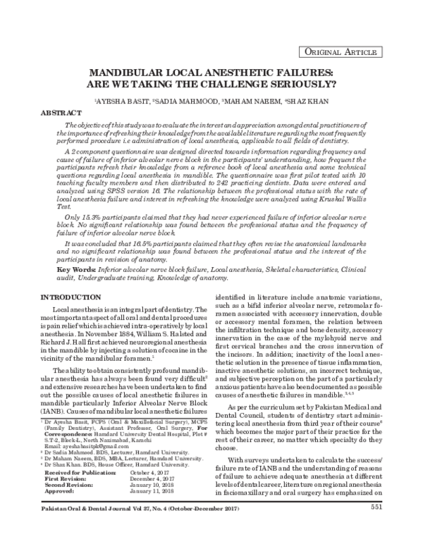 (PDF) Mandibular Local Anesthetic Failures: Are We Taking the Challenge ...
