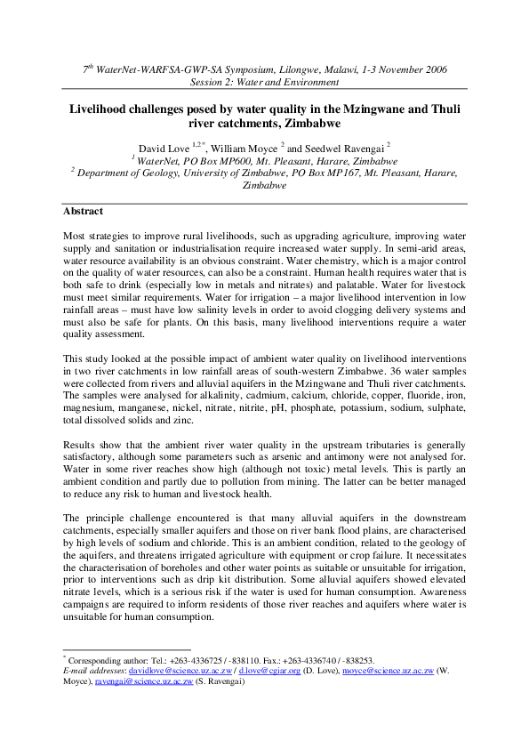(PDF) Livelihood challenges posed by water quality in the Mzingwane and ...