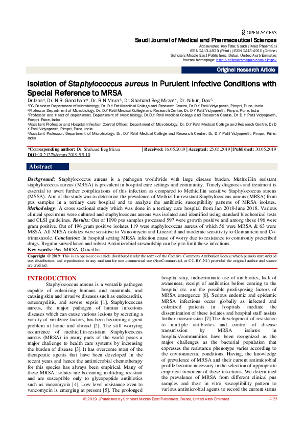 (PDF) Isolation of Staphylococcus aureus in Purulent Infective ...