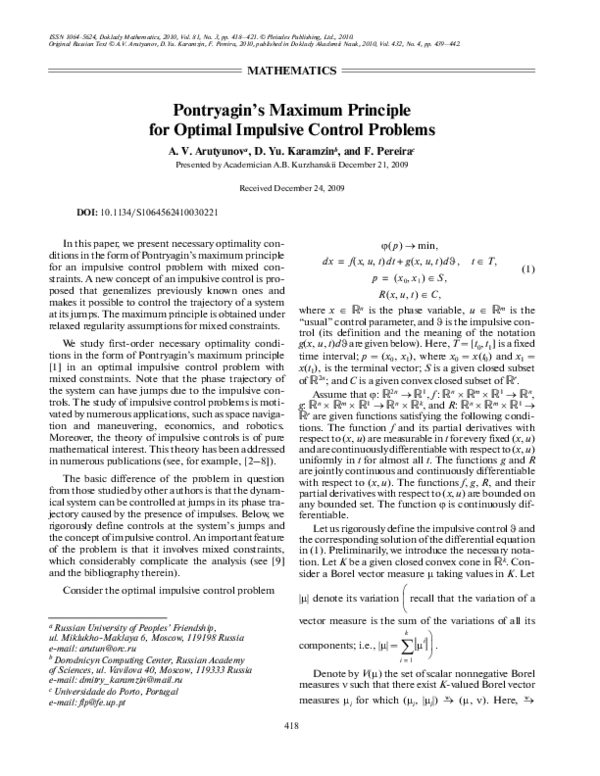 Pdf Pontryagins Maximum Principle For Optimal Impulsive Control Problems