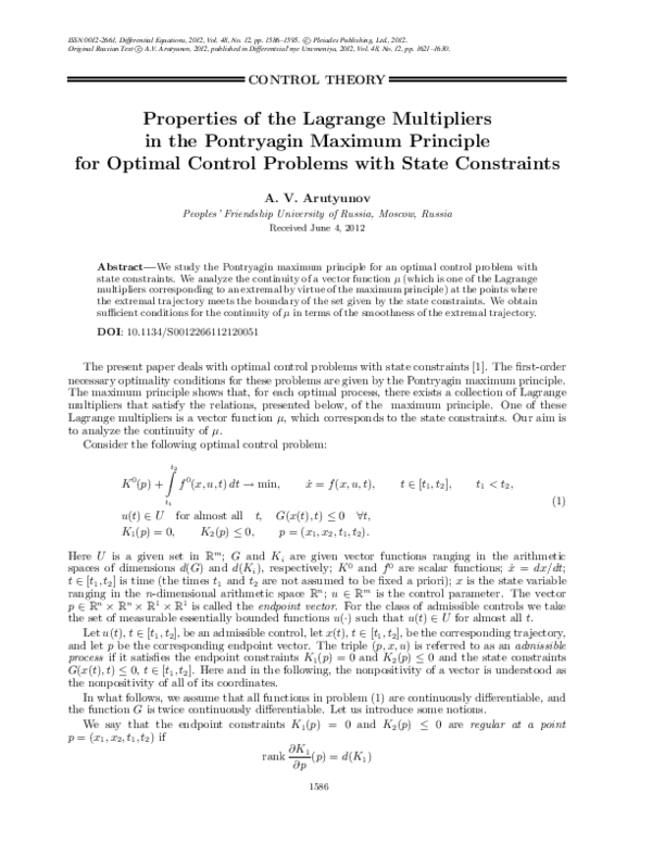 (PDF) Properties of the Lagrange multipliers in the Pontryagin maximum principle for optimal ...