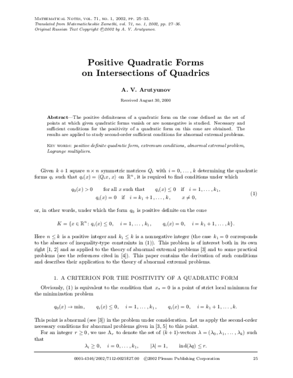 (PDF) Positive Quadratic Forms on Intersections of Quadrics