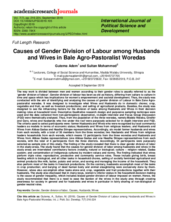 (PDF) Causes of Gender Division of Labour among Husbands and Wives in ...