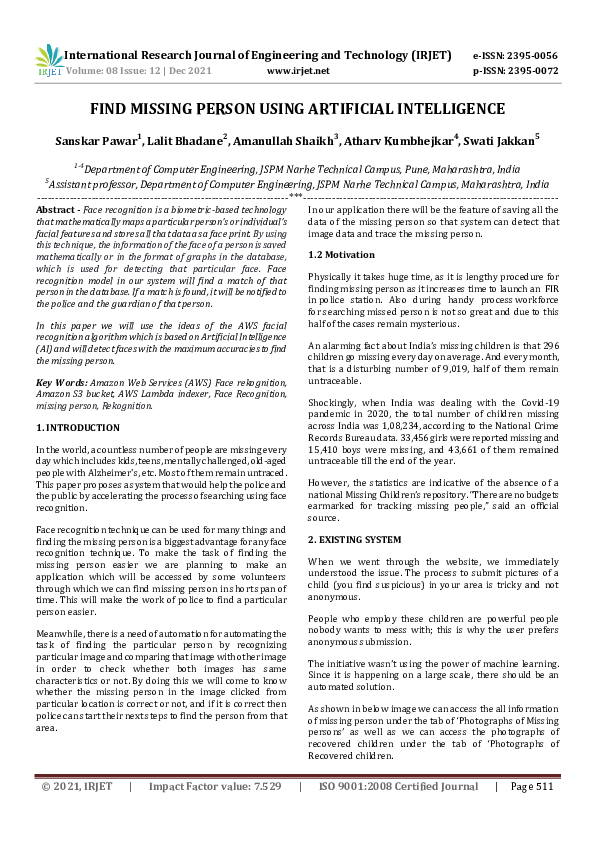 (PDF) IRJET- FIND MISSING PERSON USING ARTIFICIAL INTELLIGENCE