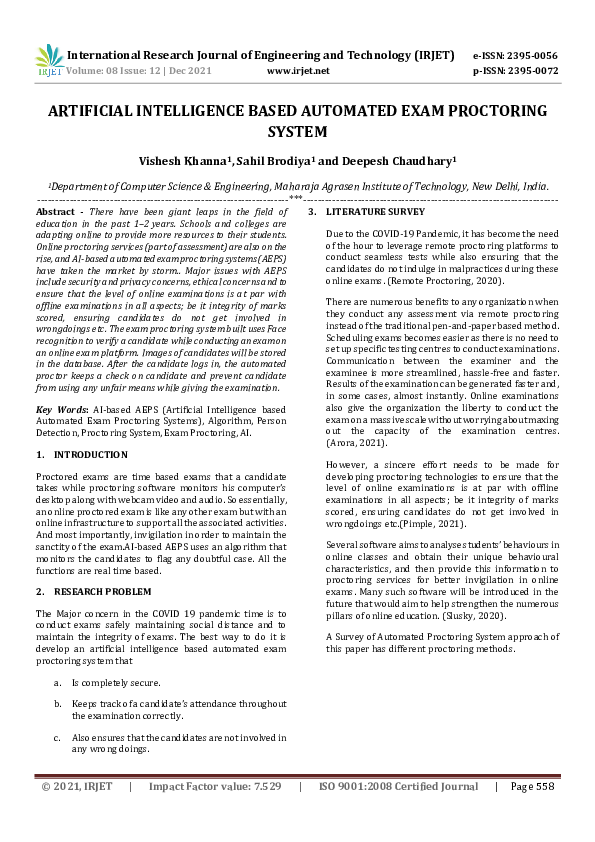 (PDF) IRJET- ARTIFICIAL INTELLIGENCE BASED AUTOMATED EXAM PROCTORING SYSTEM