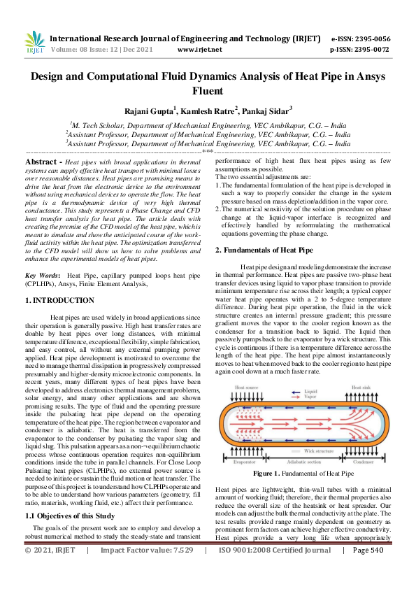 (PDF) IRJET- Design and Computational Fluid Dynamics Analysis of Heat Pipe in Ansys Fluent