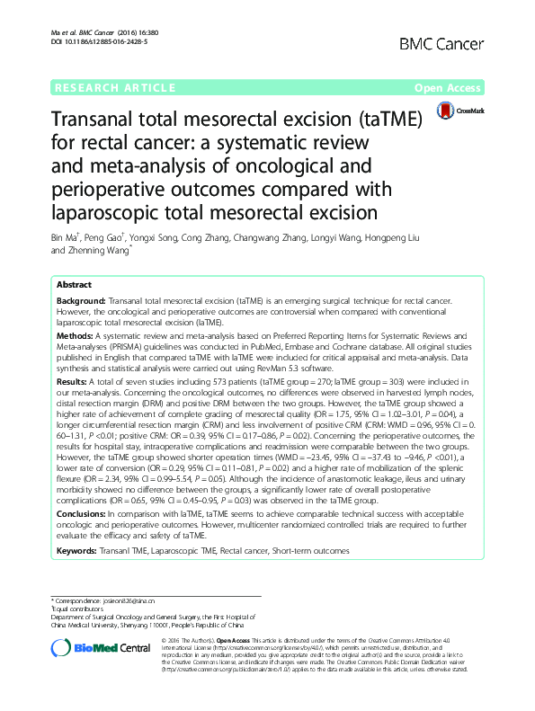 (PDF) Transanal Total Mesorectal Excision (taTME) for cancer located in the lower rectum: short ...