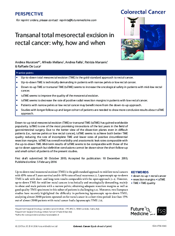 (PDF) Transanal total mesorectal excision in rectal cancer: why, how and when