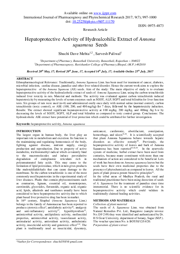 (PDF) Hepatoprotective Activity of Hydroalcohilic Extract of Annona squamosa Seeds