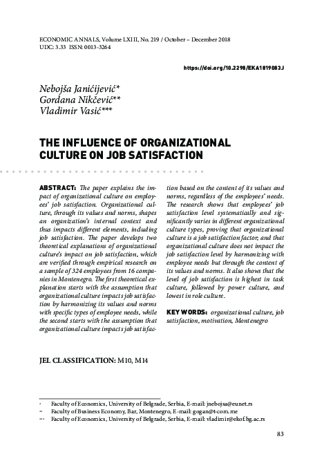 (PDF) The influence of organizational culture on job satisfaction