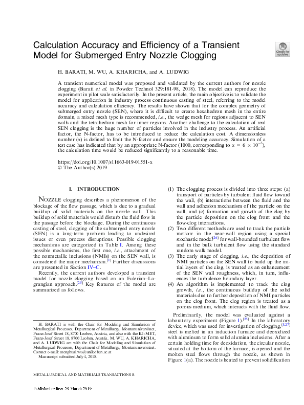 (PDF) Calculation Accuracy and Efficiency of a Transient Model for Submerged Entry Nozzle Clogging