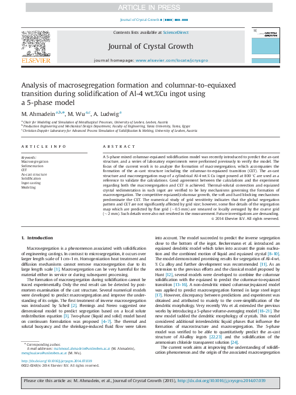 (PDF) Analysis of macrosegregation formation and columnar-to-equiaxed transition during ...