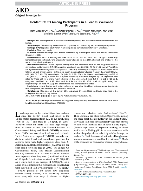 (PDF) Incident ESRD Among Participants in a Lead Surveillance Program