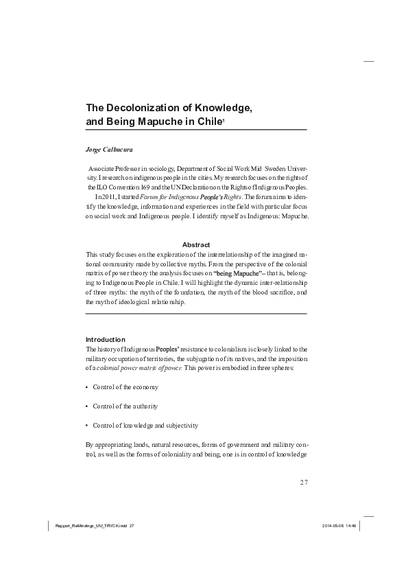(PDF) The Decolonization of Knowledge, and Being Mapuche in Chile