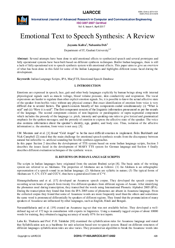 (PDF) Emotional Text to Speech Synthesis: A Review