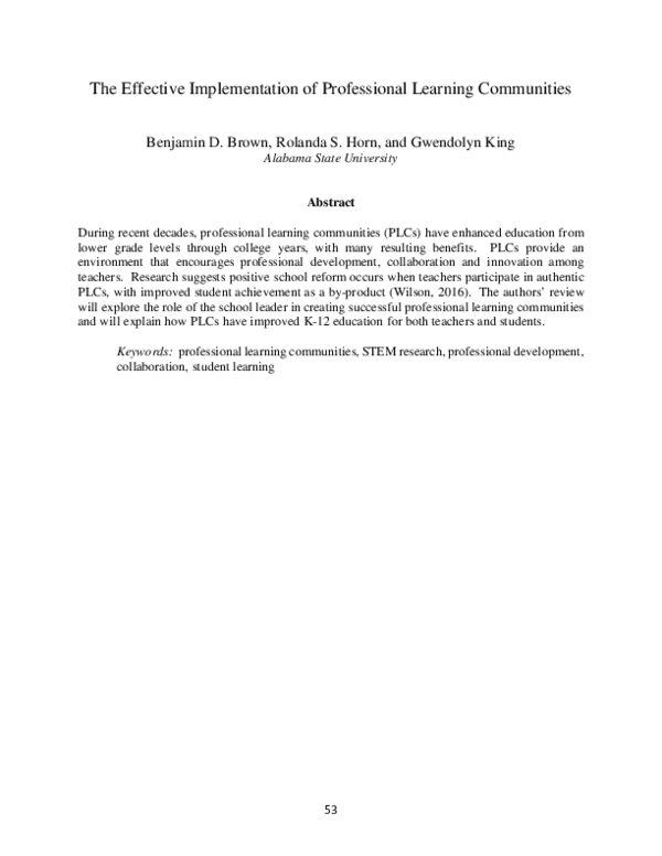 (PDF) The Effective Implementation of Professional Learning Communities