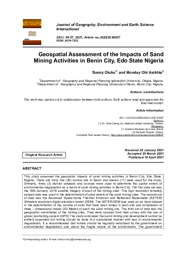 Geospatial Assessment of the Impacts of Sand Mining Activities in Benin ...