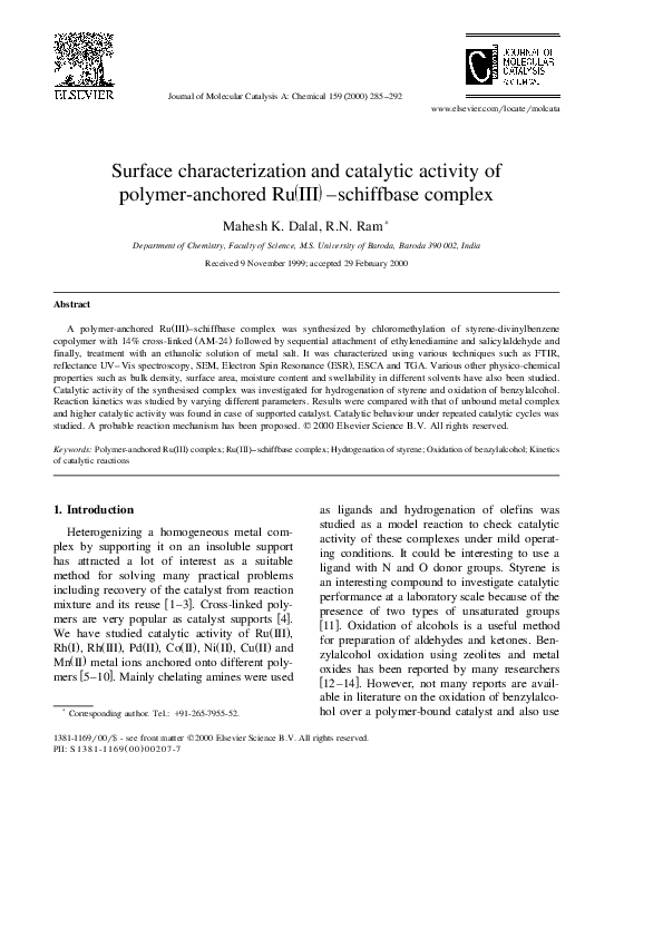 (PDF) Surface characterization and catalytic activity of polymer-anchored Ru(III)–schiffbase complex