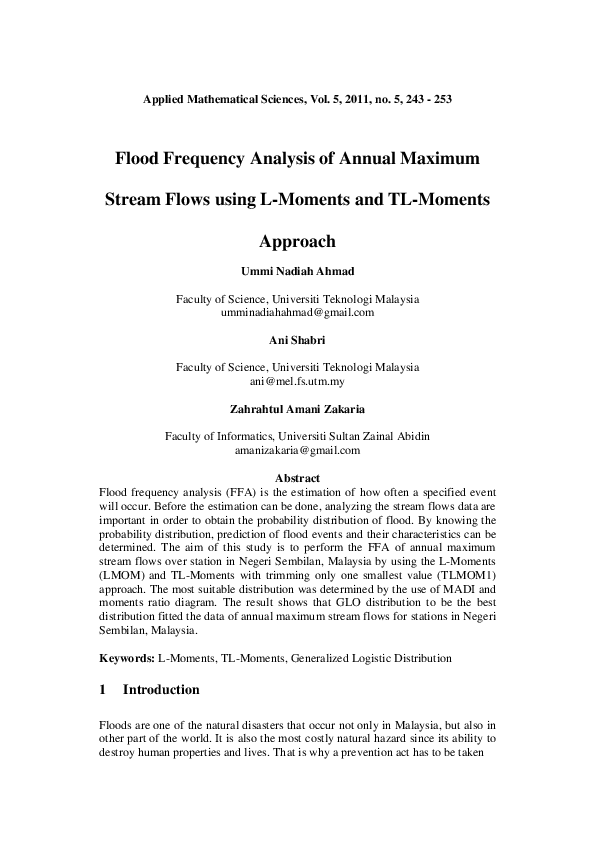 (PDF) Flood Frequency Analysis of Annual Maximum Stream Flows using L ...