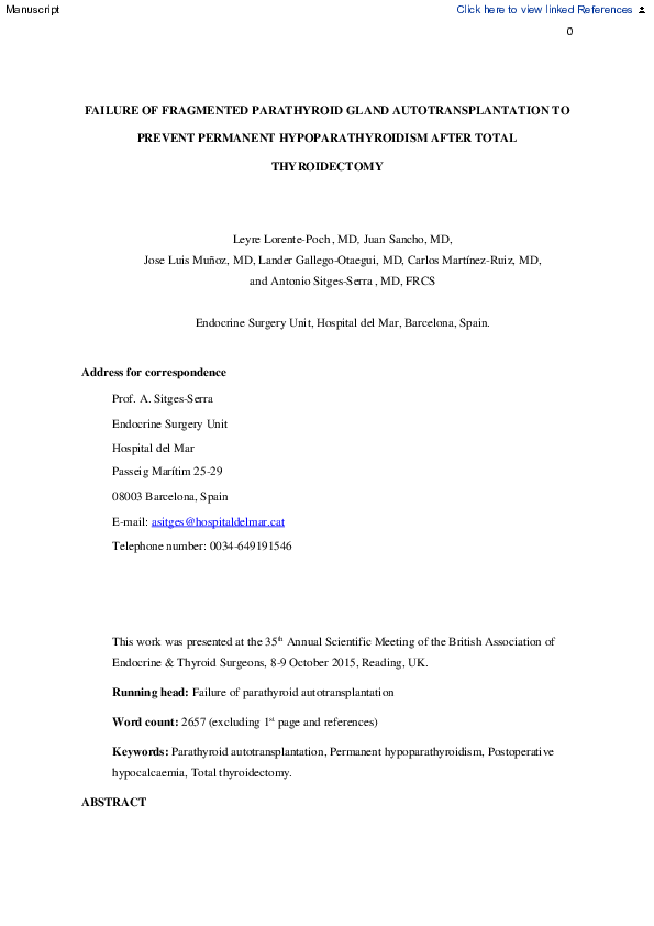 (PDF) 29. Failure of fragmented parathyroid gland autotransplantation to prevent permanent ...
