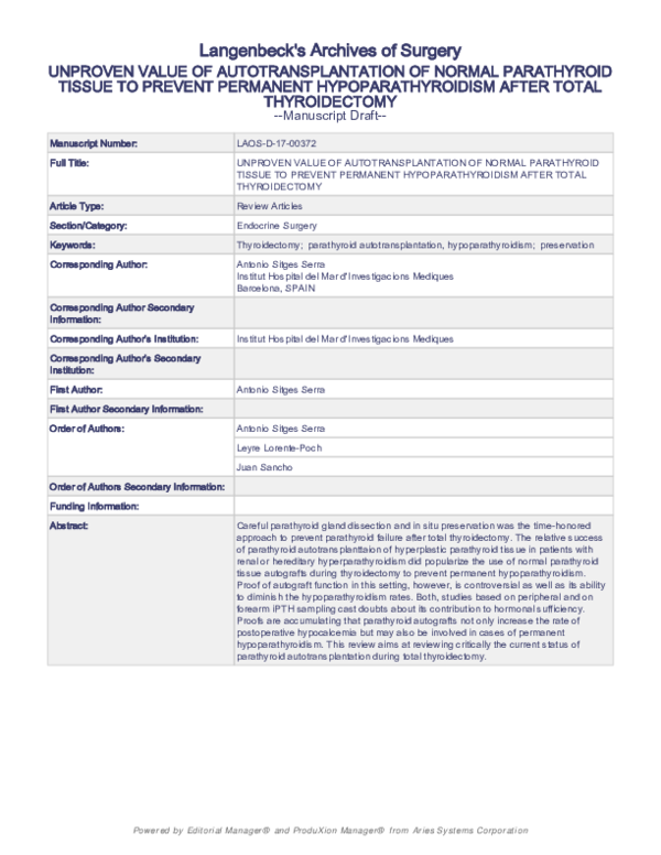 (PDF) Parathyroid autotransplantation in thyroid surgery