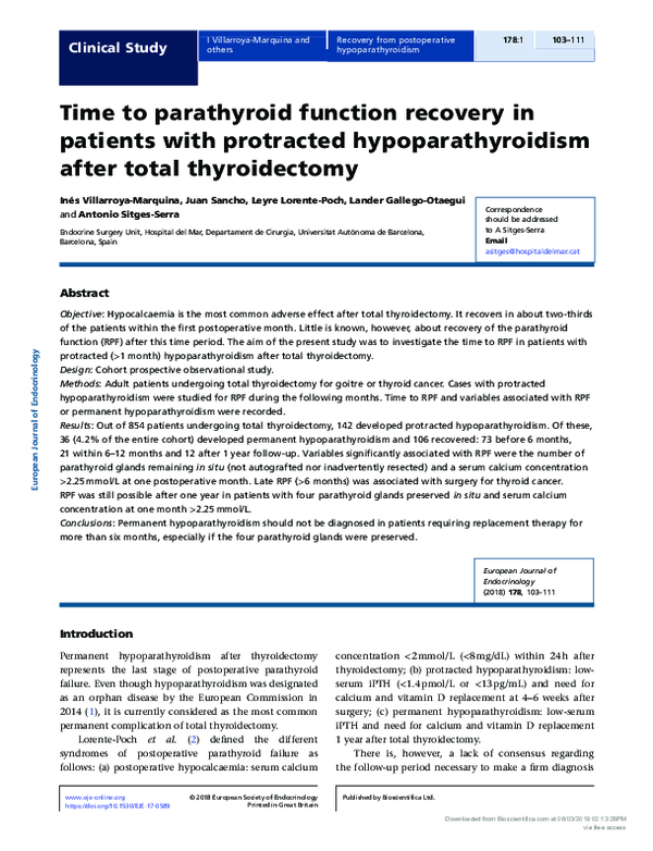(PDF) Time to parathyroid function recovery in patients with protracted hypoparathyroidism after ...