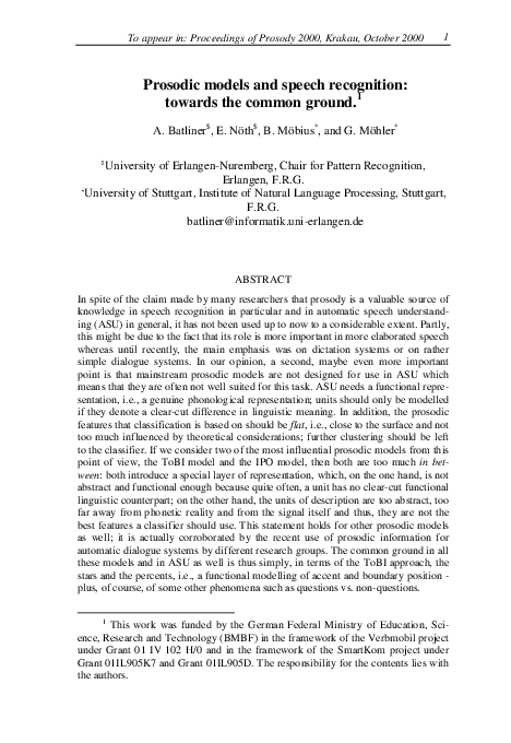 (PDF) Prosodic models and speech recognition: towards the common ground