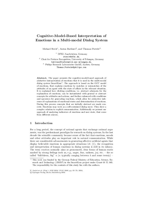 (PDF) Cognitive-Model-Based Interpretation of Emotions in a Multi-modal Dialog System