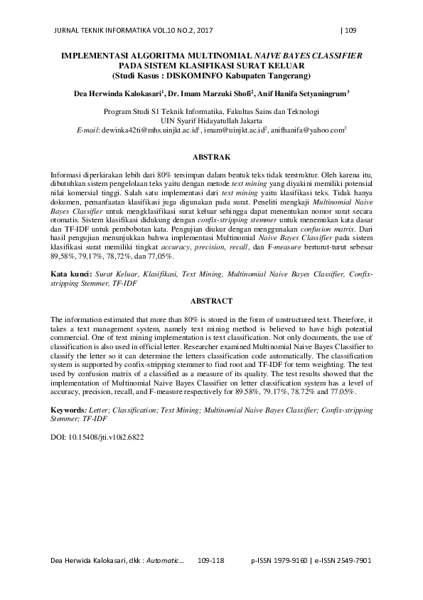 Pdf Implementasi Algoritma Multinomial Naive Bayes Classifier