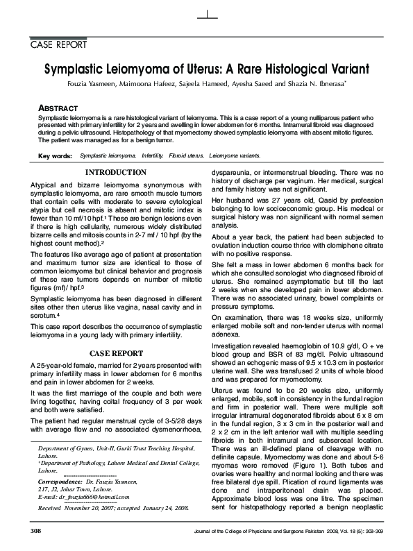 (PDF) Symplastic Leiomyoma of Uterus: A Rare Histological Variant