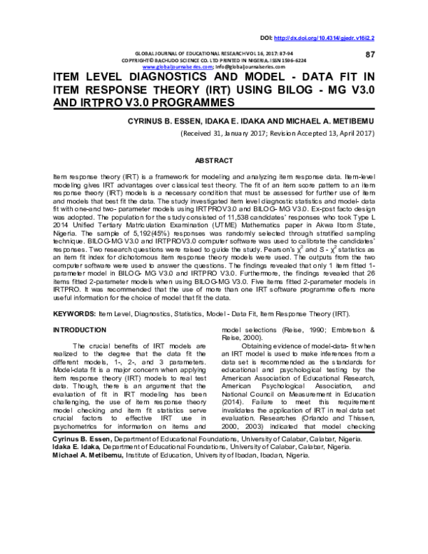 (PDF) Item level diagnostics and model - data fit in item response theory (IRT) using BILOG - MG ...