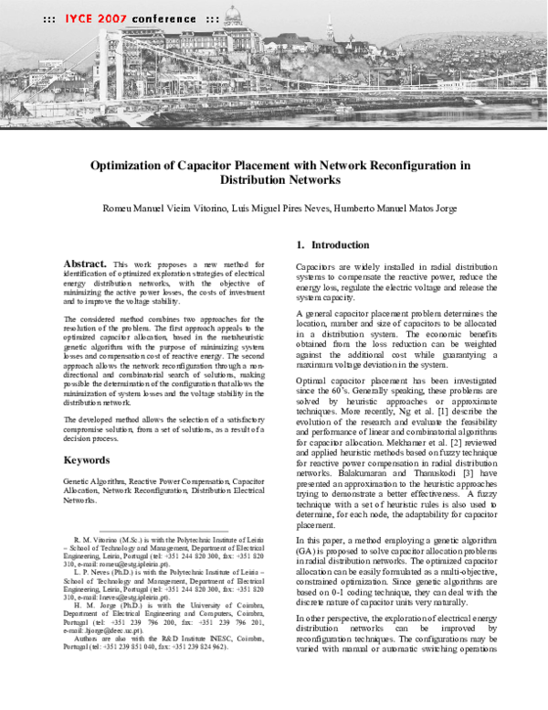 Pdf Optimization Of Capacitor Placement With Network Reconfiguration In Distribution Networks