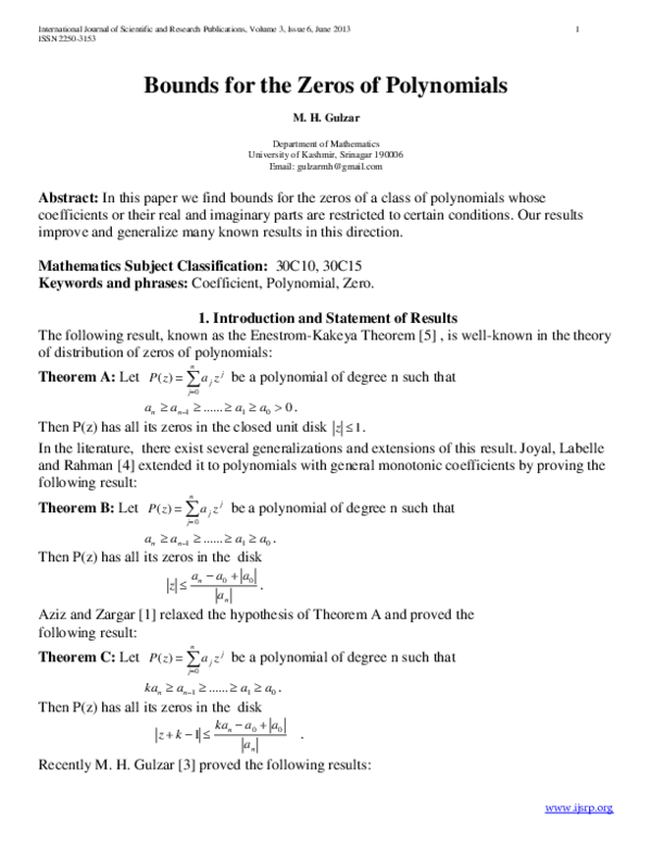Pdf Bounds For The Zeros Of Polynomials M H Gulzar