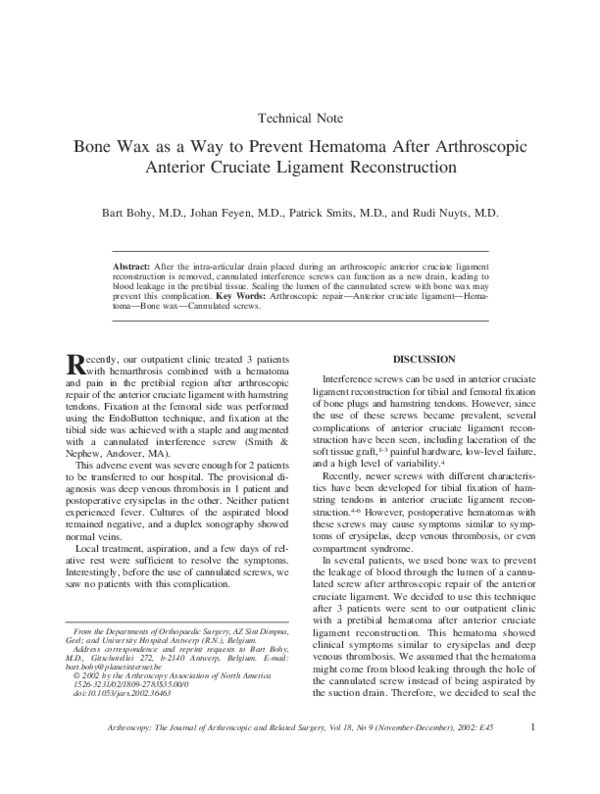 (PDF) Bone wax as a way to prevent hematoma after arthroscopic anterior ...