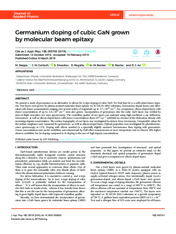 (PDF) Germanium doping of cubic GaN grown by molecular beam epitaxy