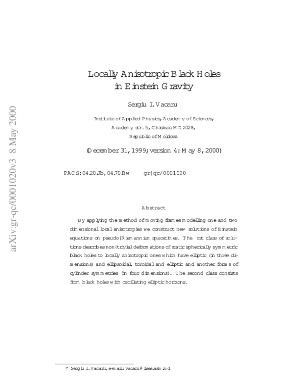 (PDF) Locally Anisotropic Black Holes in Einstein Gravity | Sergiu ...