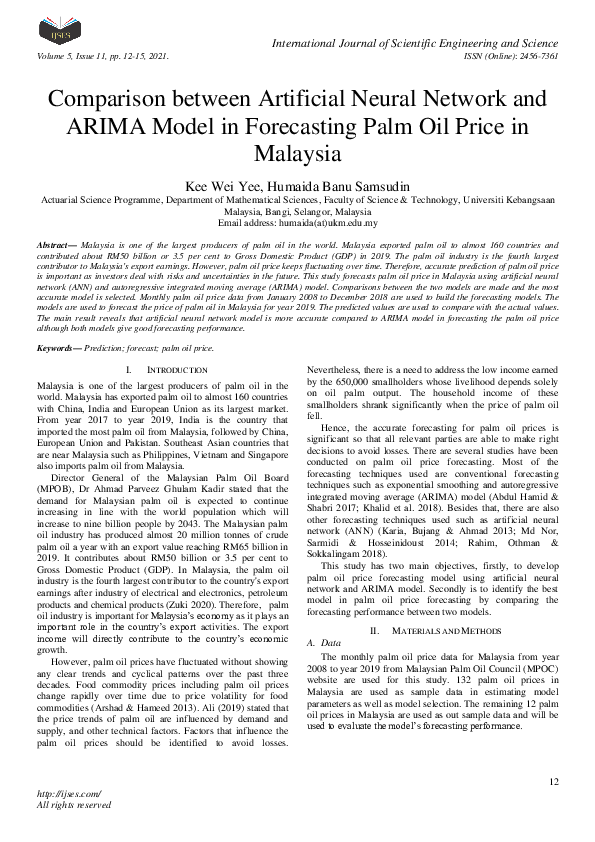 (PDF) Comparison between Artificial Neural Network and ARIMA Model in Forecasting Palm Oil Price ...