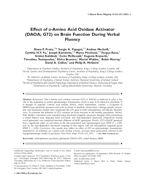 (PDF) Effect of D amino acid oxidase activator (DAOA; G72) on brain ...