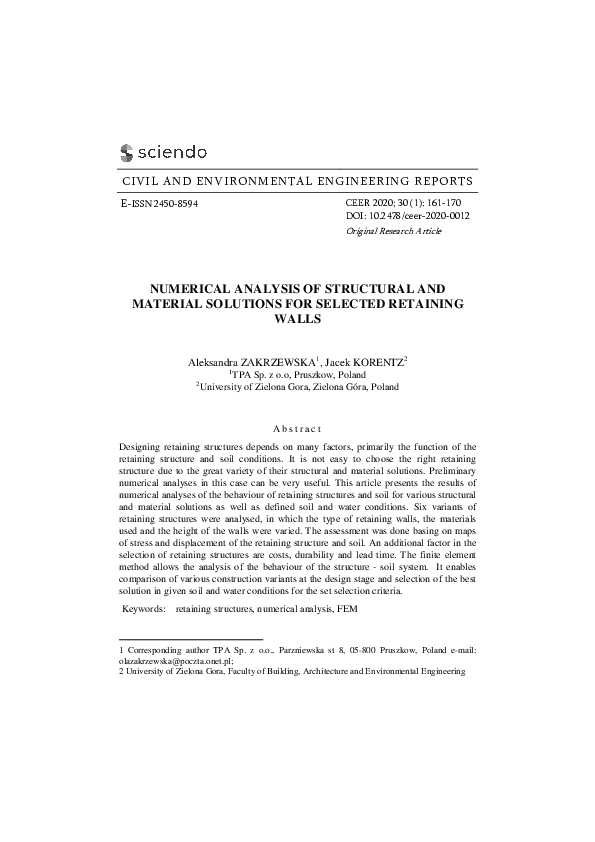 (PDF) Numerical Analysis of Structural and Material Solutions for Selected Retaining Walls