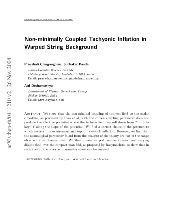(PDF) Non-minimally coupled tachyonic inflation in warped string background