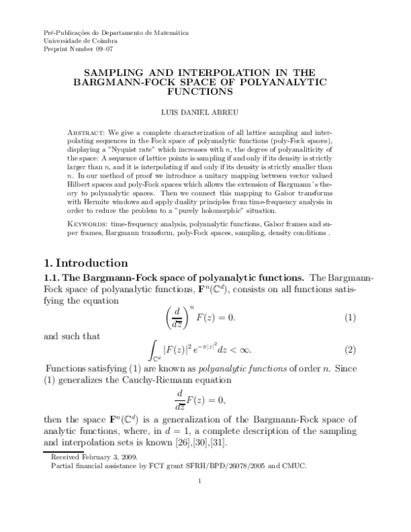 (PDF) Sampling and interpolation in Bargmann–Fock spaces of polyanalytic functions