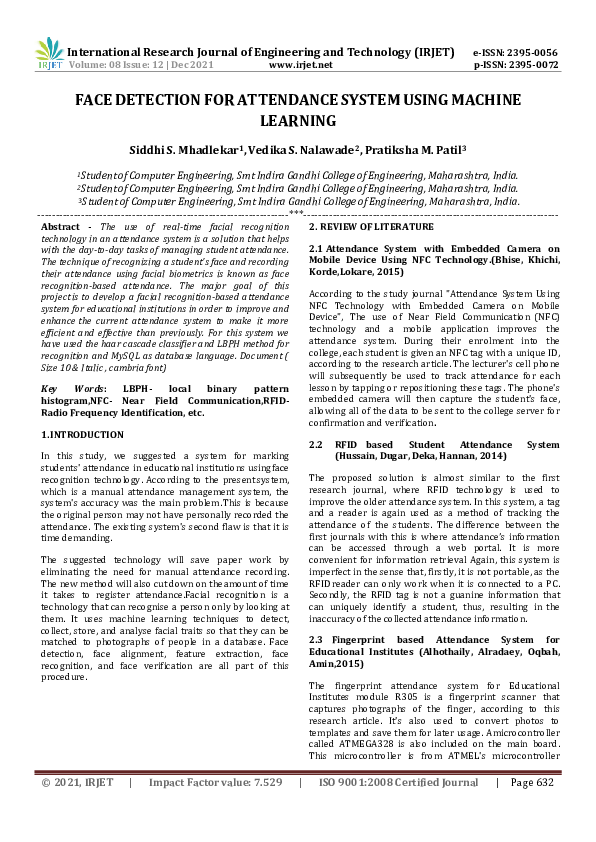 Pdf Irjet Face Detection For Attendance System Using Machine Learning