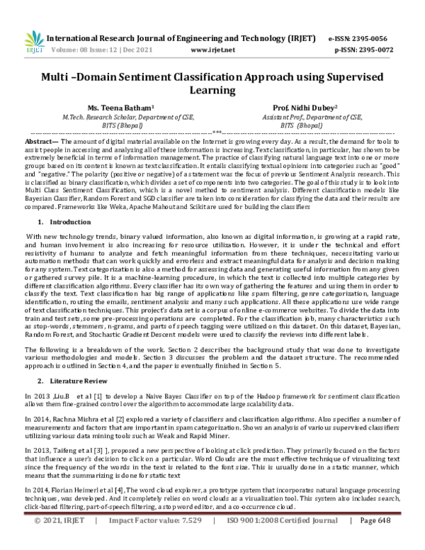 (PDF) IRJET- Multi -Domain Sentiment Classification Approach using Supervised Learning