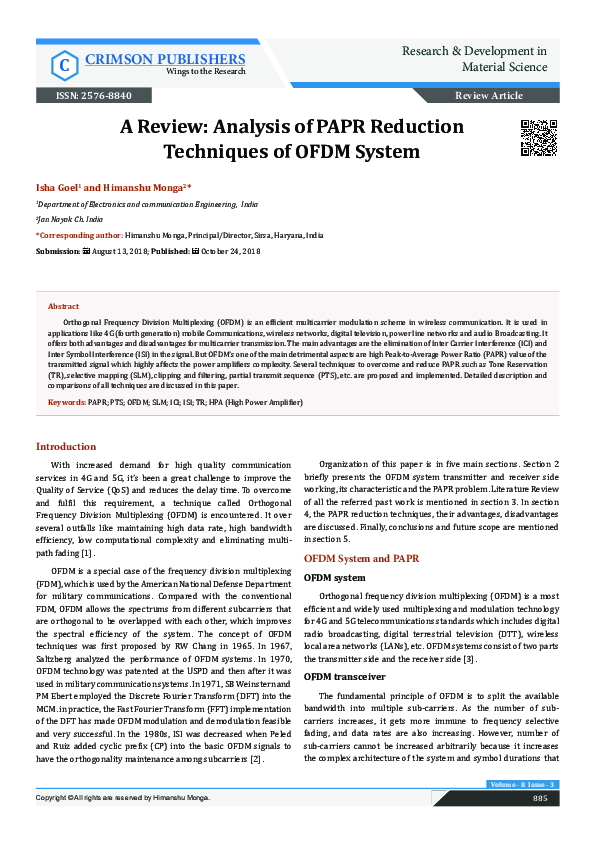 Pdf A Review Analysis Of Papr Reduction Techniques Of Ofdm System