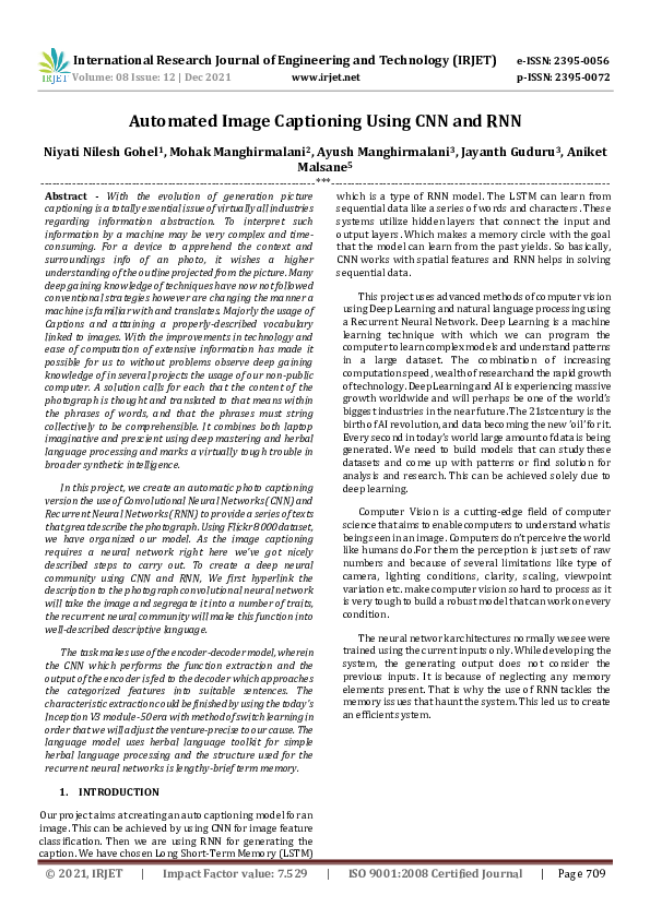 (PDF) IRJET- Automated Image Captioning using CNN and RNN