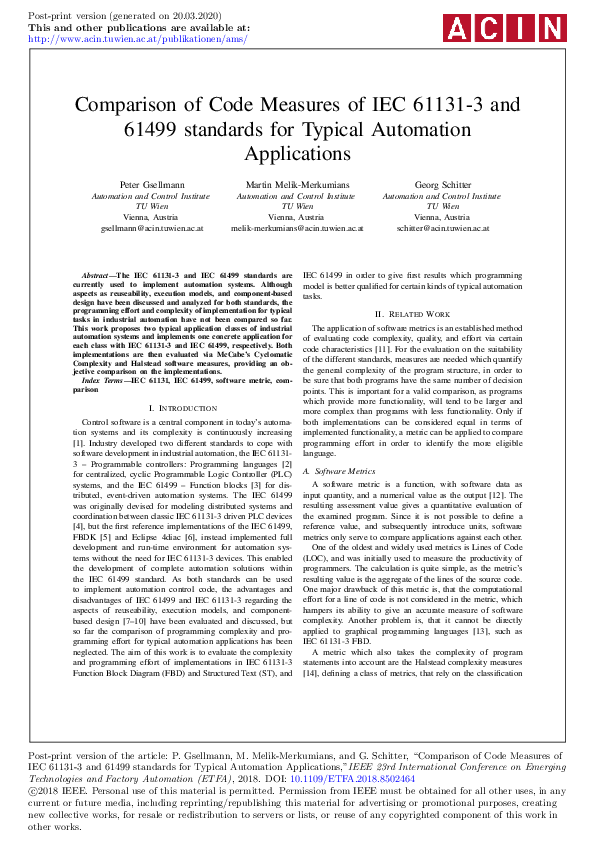 (PDF) Comparison of Code Measures of IEC 61131–3 and 61499 Standards for Typical Automation ...