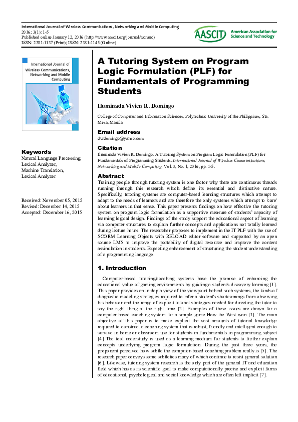 (PDF) A Tutoring System on Program Logic Formulation ( PLF ) for Fundamentals of Programming ...