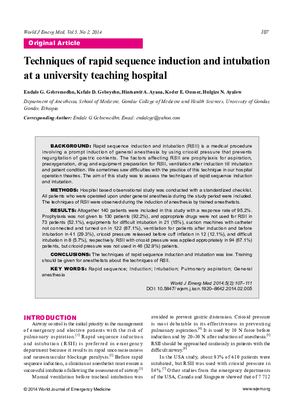 (PDF) Techniques of rapid sequence induction and intubation at a ...